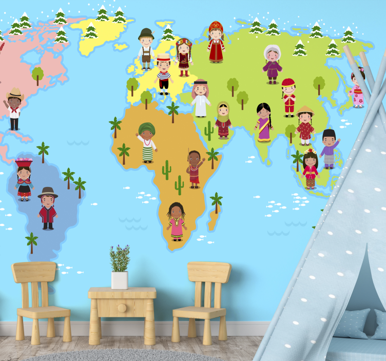 Cultural Map Characters wall mural world map